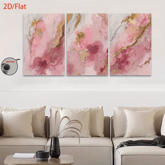 2D Flat 3pcs/Set, 2D/Flat, Canvas Printings--Frameless, Pink And Golden ...