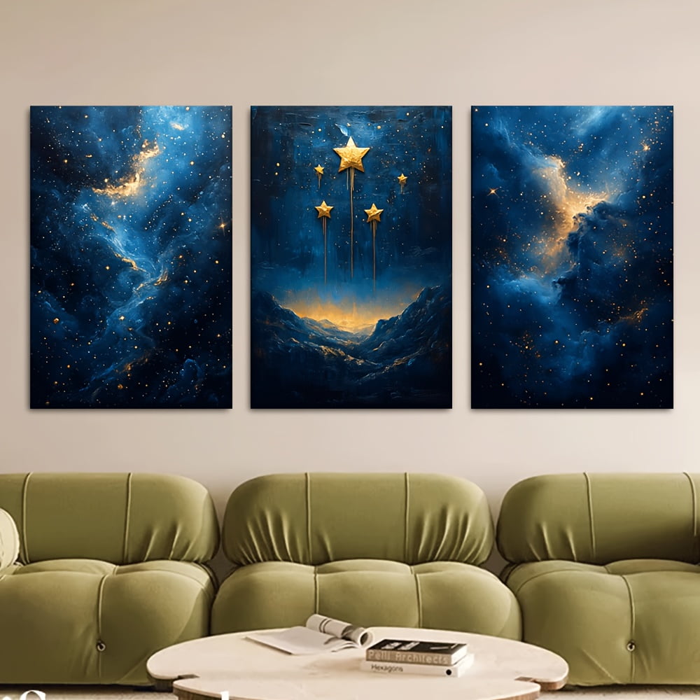 2D Flat, 3pcs Set Deep Blue & Golden Night Sky Starry Night Abstract ...