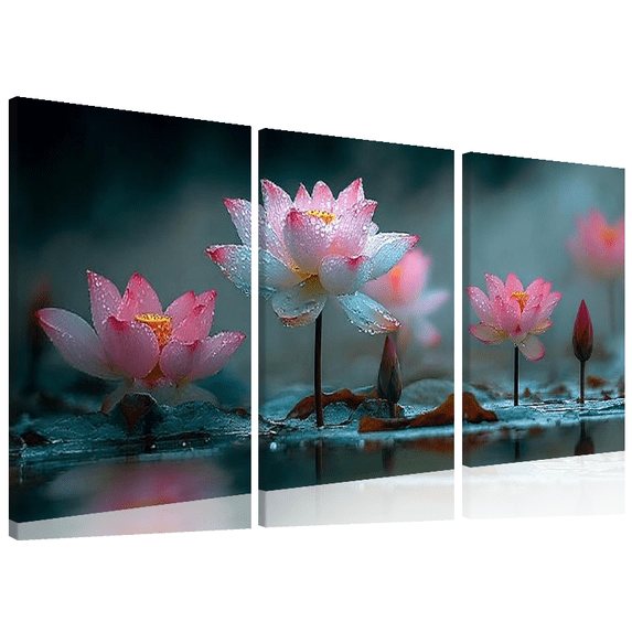 2D Flat, 3pcs Vibrant Pink Lotus with a Natural Water Wave Scenery ...