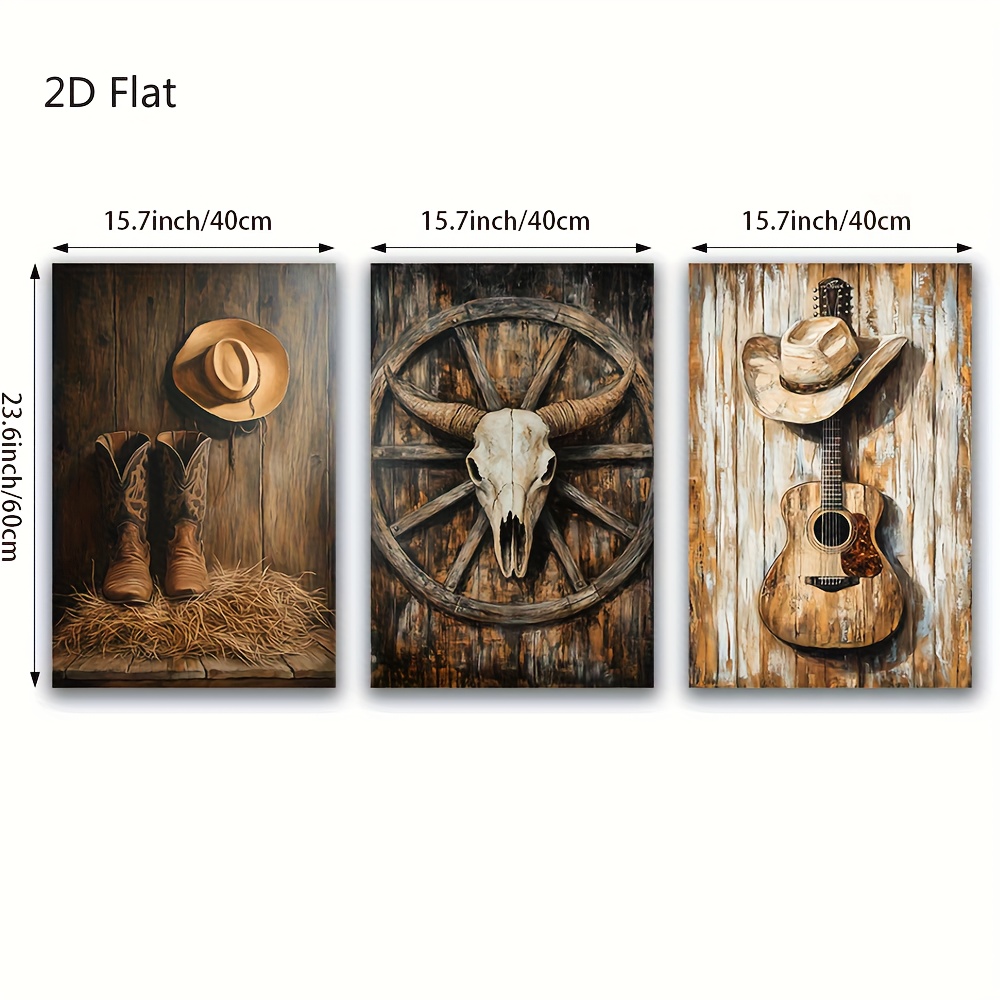 2D Flat 3pcs Western Canvas Art Prints, Frameless Cowboy & American ...
