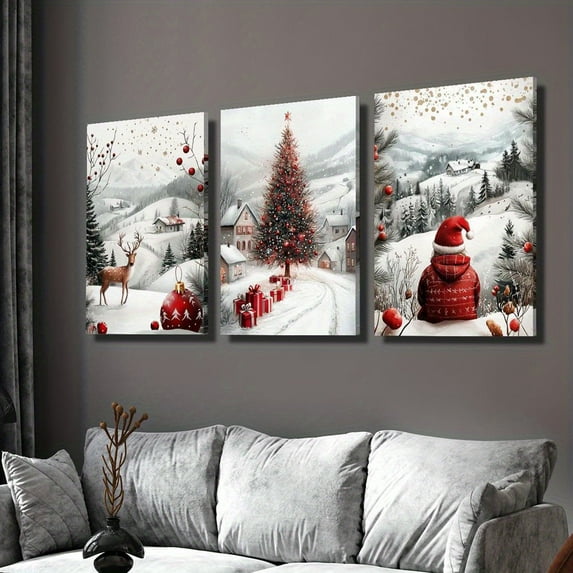 2D Flat, 3pcs en Frameless Canvas Art, Snowy Village with Animals Deer ...