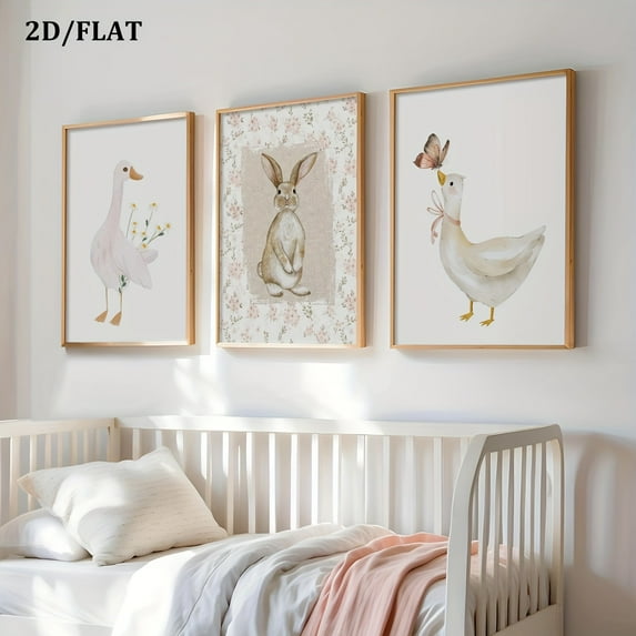2D Flat, 3pcs/set Of Rabbit And Goose Animal Wall Art Deco Paintings ...