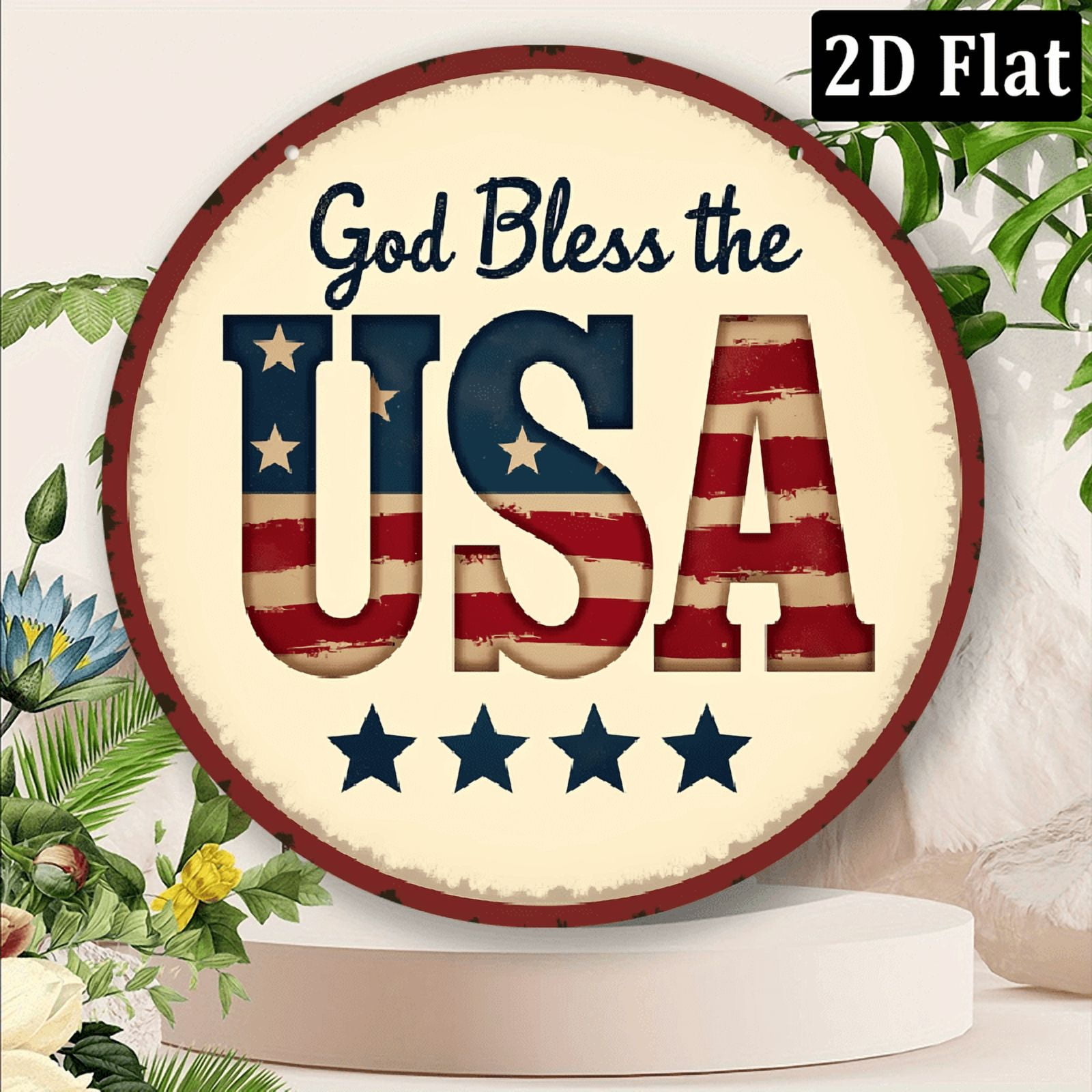 2D Flat, 8 Inch Patriotic Round Metal Wall Decor - Rustic Aluminum Look ...