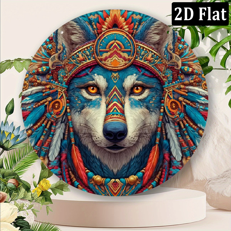 2D Flat, 8X8 Inch Round Metal Sign Wolf Chief Tribal, New Age Garden ...