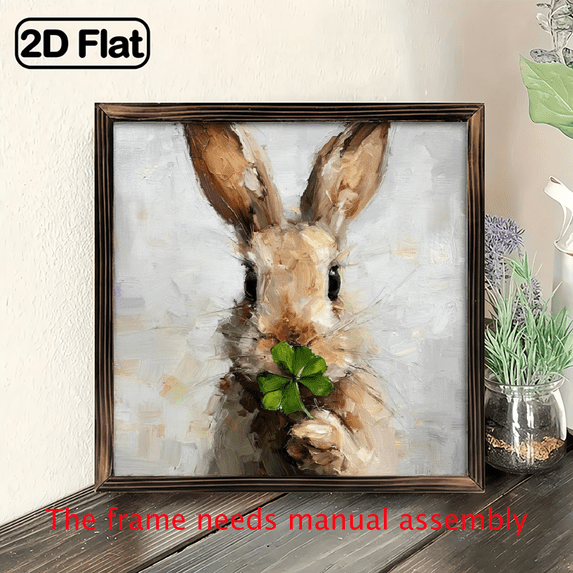 2D Flat - 8X8 Inch Wooden Framed Wall Art Featuring a Clover And Rabbit ...