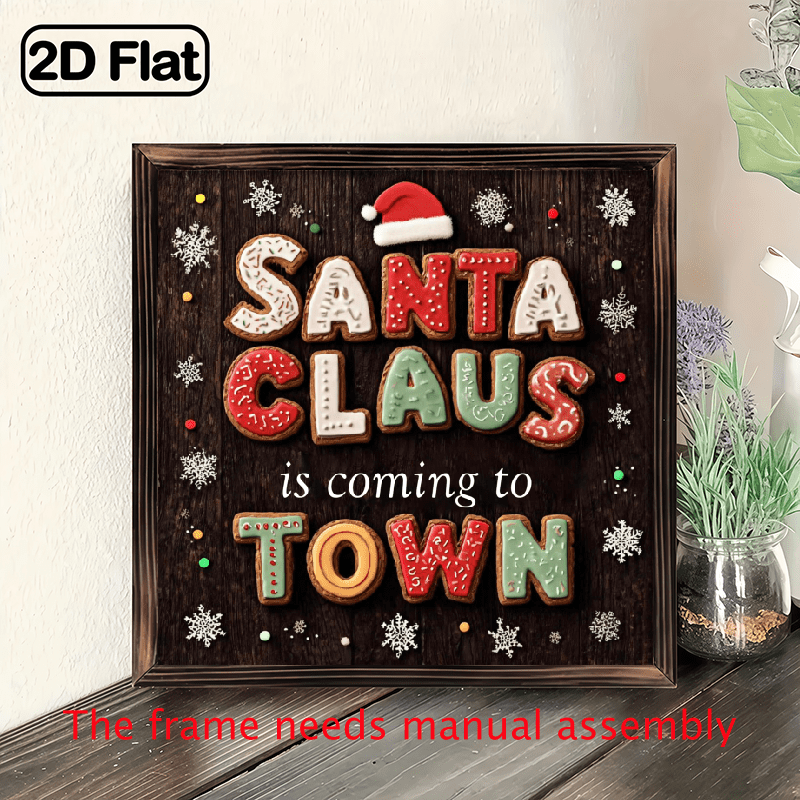 2D Flat, 8x8 Inch (20x20cm) Wooden Santa Claus is Coming to Town Metal ...