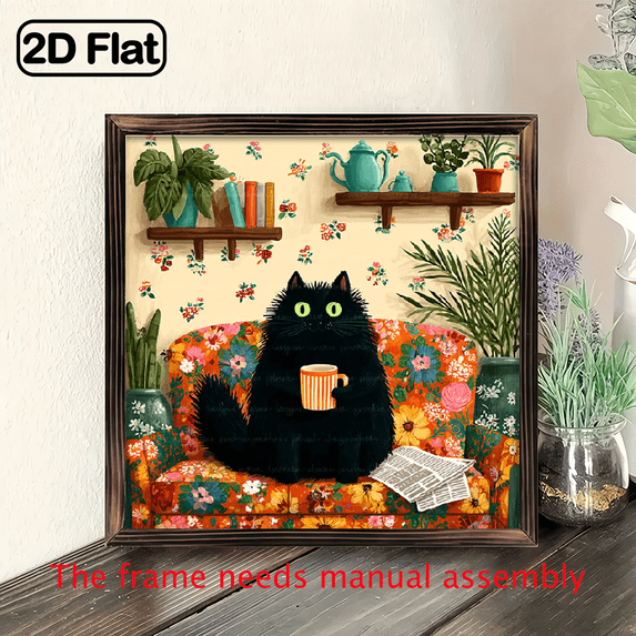 2D Flat, 8x8 Inch Boho Black Cat Tea Cup Wooden Framed Wall Art - Flat ...
