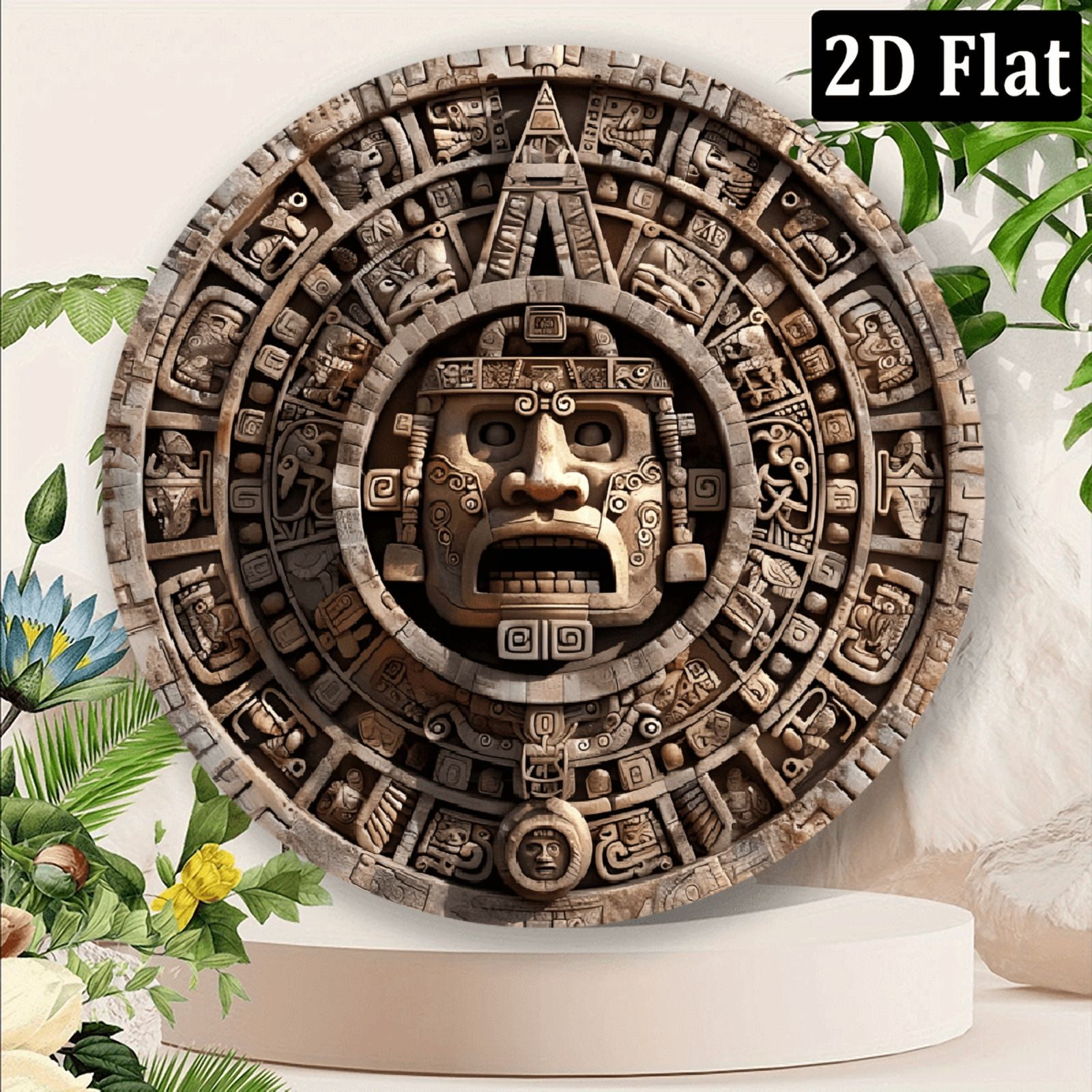 2D Flat, 8x8 Inch Round Aluminum Metal Wall Art - Mayan Culture ...