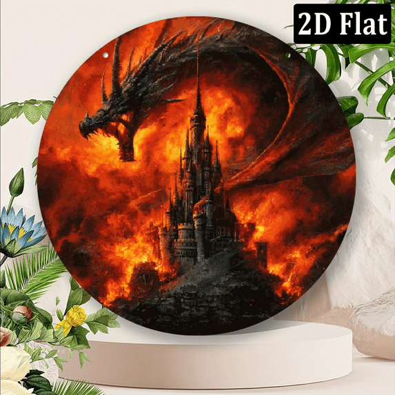 2D Flat, 8x8 Inch Round Aluminum Wall Art - Vintage Fantasy Fire Dragon ...