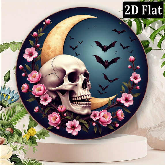 2D Flat, 8x8 Inch Round Metal Sign Bat and Floral Design, Whimsical ...