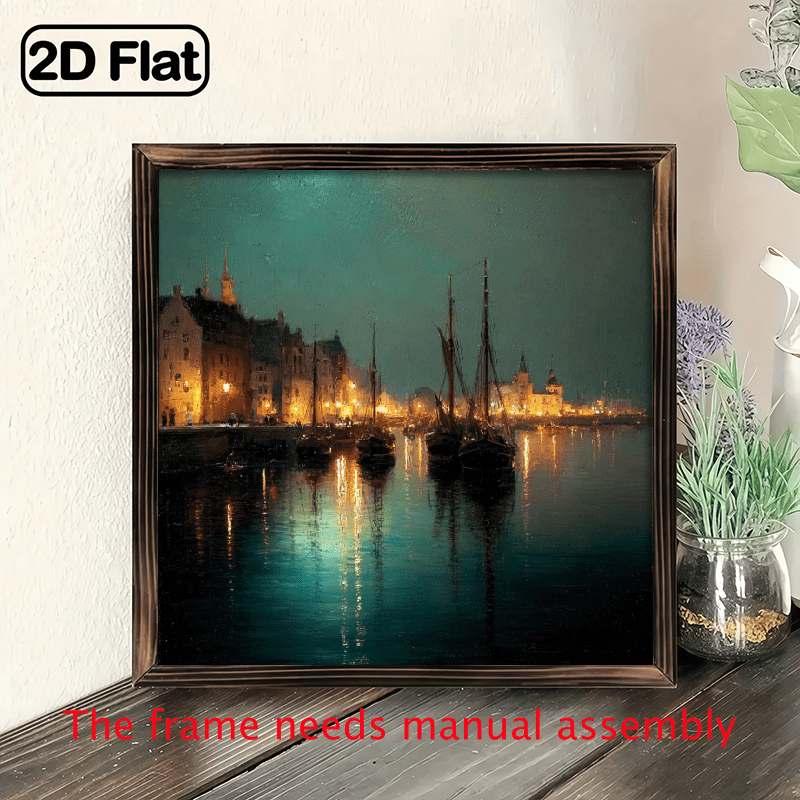 2D Flat, 8x8 Inch Rustic Farmhouse Coastal Night Landscape Framed Wood ...