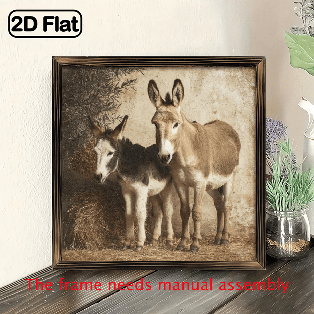 2D Flat, 8x8 Inch Rustic Farmhouse Donkey Canvas Wall Art - Wooden ...