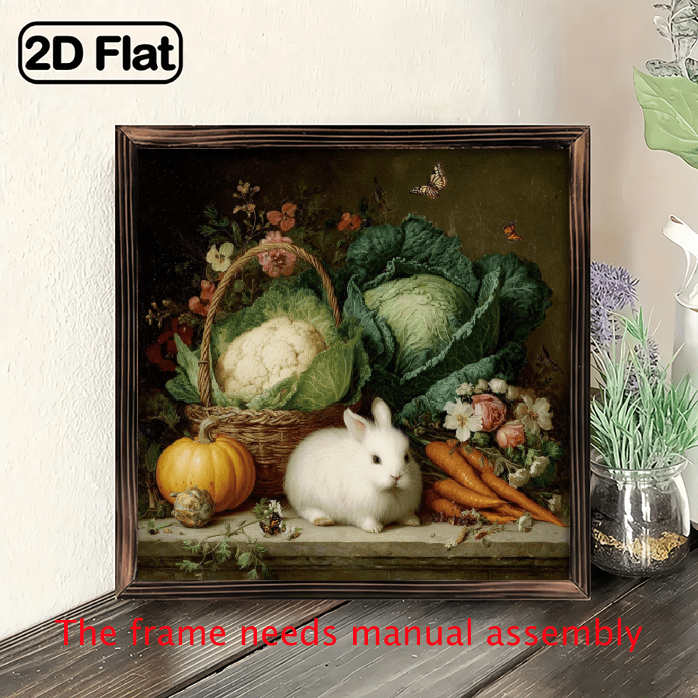 2D Flat, 8x8 Inch Rustic Farmhouse Rabbit Vegetable Garden Wood Framed ...