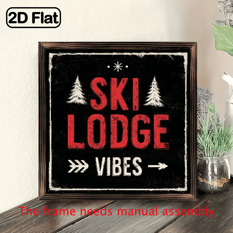 2D Flat, 8x8 Inch Rustic Ski Lodge Winter Cabin Wooden Wall Sign ...