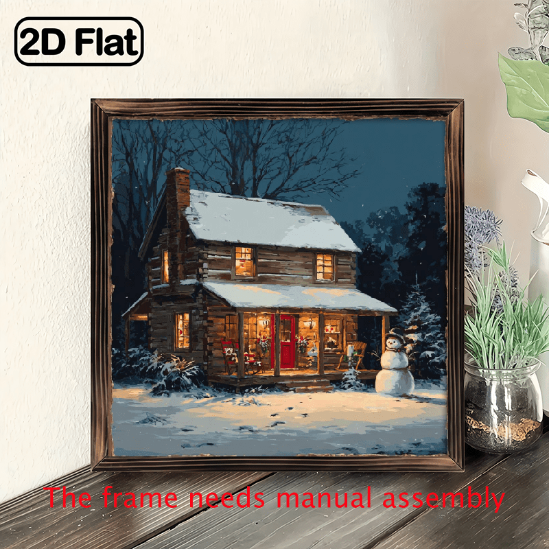 2D Flat, 8x8 Inch Rustic Winter Cabin Night Scene Wooden Wall Art Sign ...