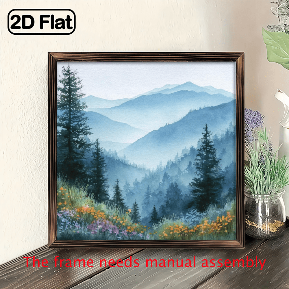 2D Flat, 8x8 Inch Rustic Wood Framed Wall Art - Serene Mountain ...