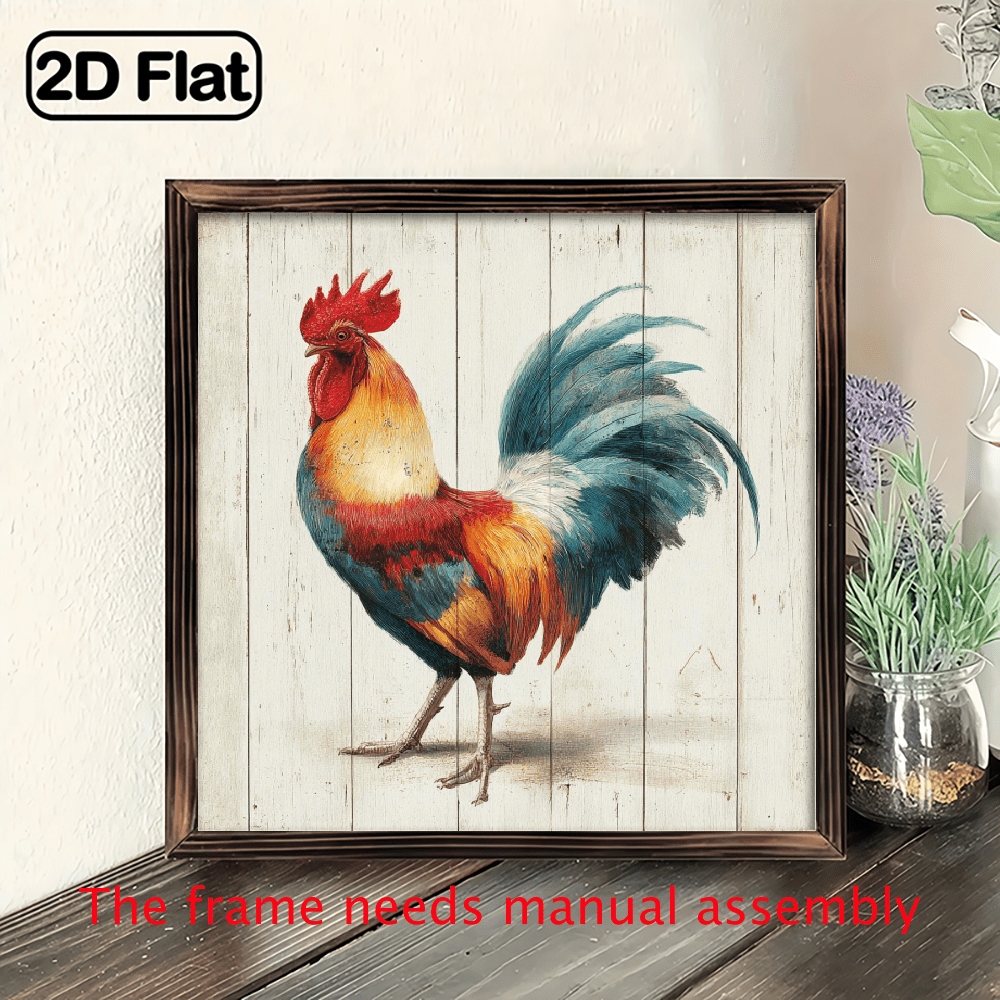 2D Flat, 8x8 Inch Wooden Rooster Wall Art - Vibrant Red CombFeather ...