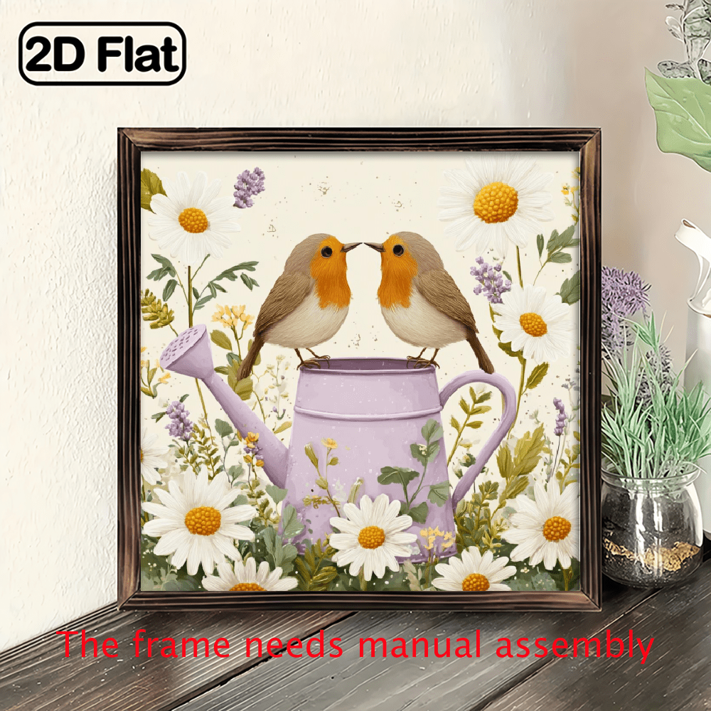 2D Flat 8x8inch Wooden Sign Charming Birds on Purple Watering Can with ...