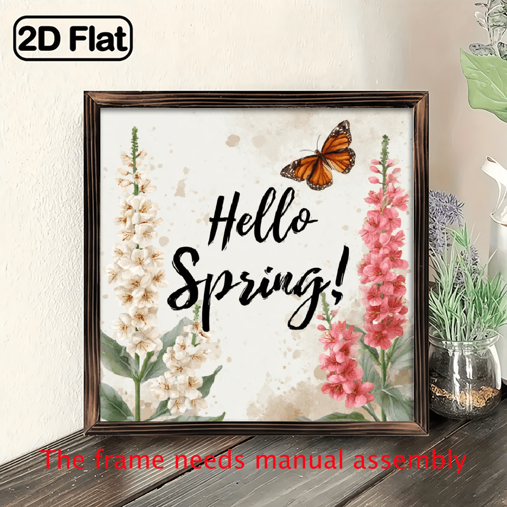 2D Flat 8x8inch Wooden Sign Hello Spring Floral Art Print Wall Hanging ...