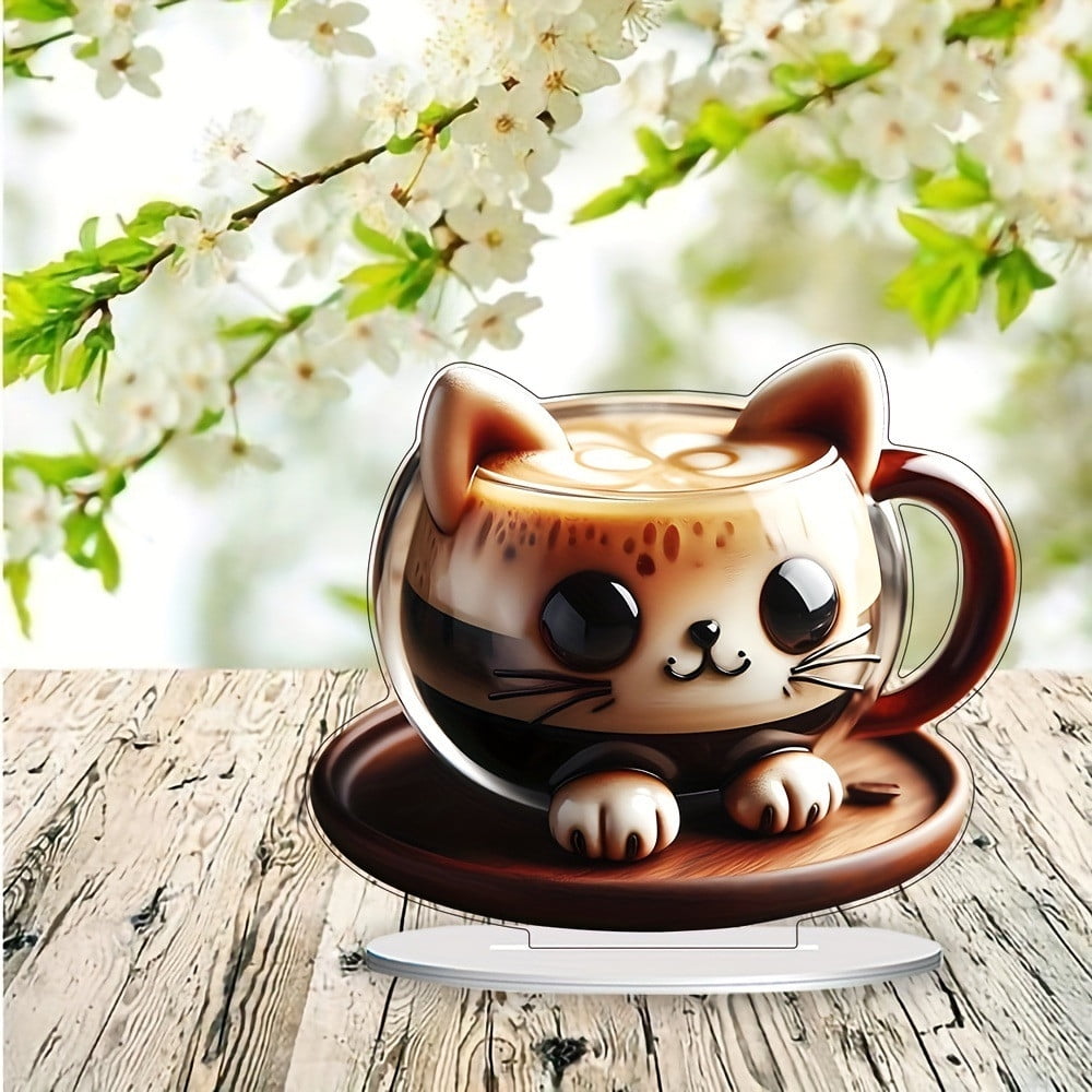 2D Flat Acrylic Cat Coffee Cup Figurine – Cute Tabletop Decoration ...
