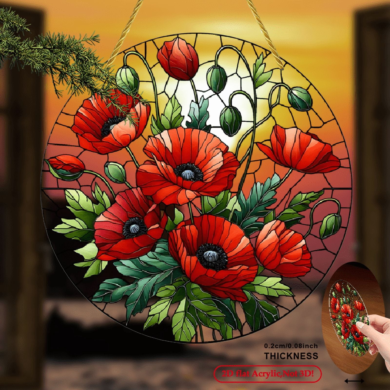 2D Flat Acrylic Poppy Flower Stained Hanging Decoration - 8x8 Inch Sun ...