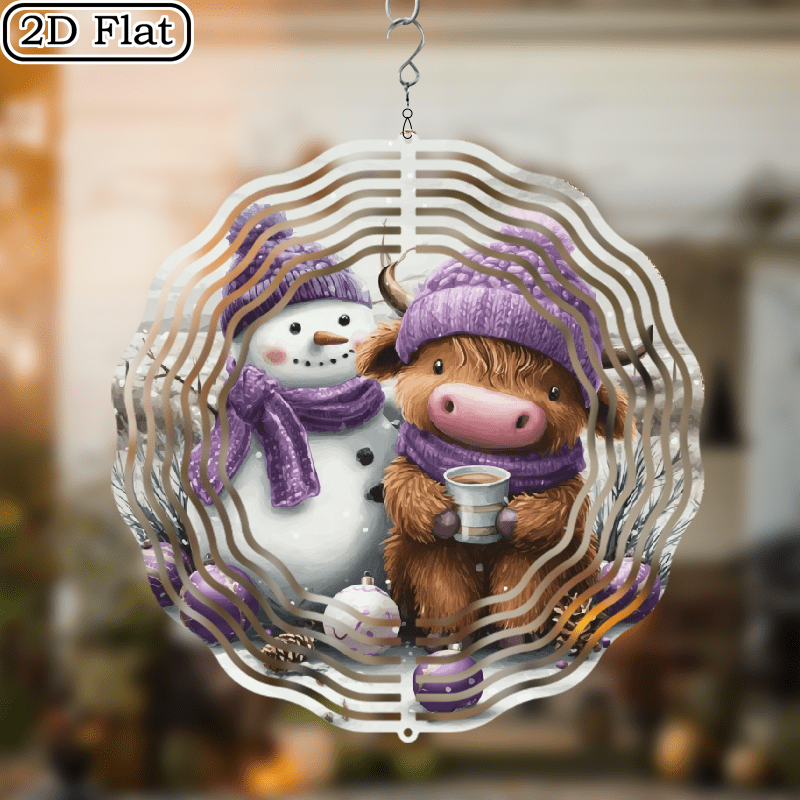 2D Flat, Adorable Snowman Highland Cow Wind Chime - Easy-to-Hang with ...