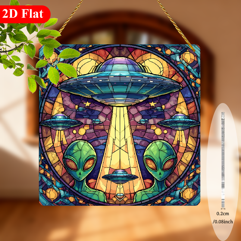 2D Flat, Alien Invasion Themed Acrylic Suncatcher Sign - Stained-Style ...