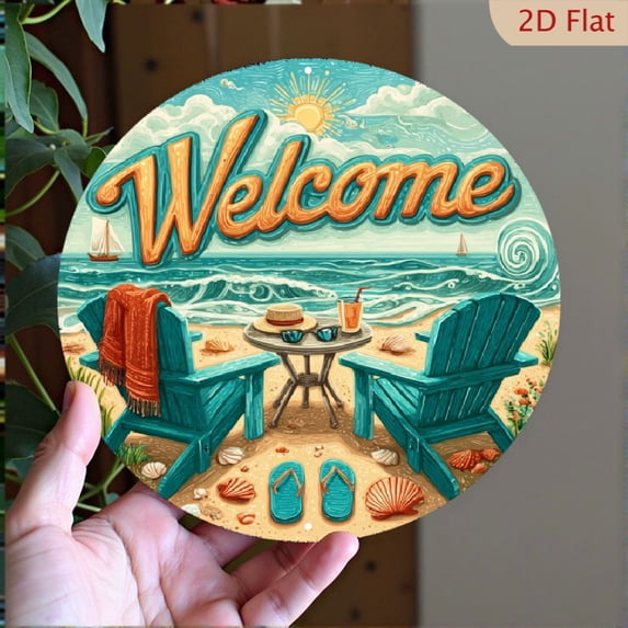2D Flat Beach-Themed Round Metal Welcome Sign Wreath Set for Home ...