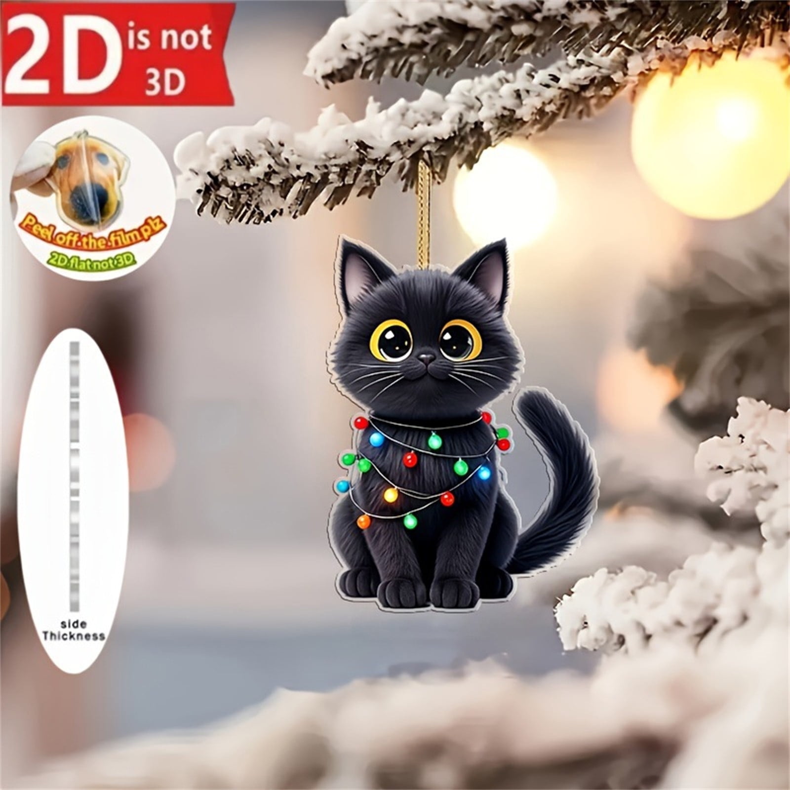 2D Flat Black Cat Christmas Tree Decoration Holiday Ornament 8cm ...