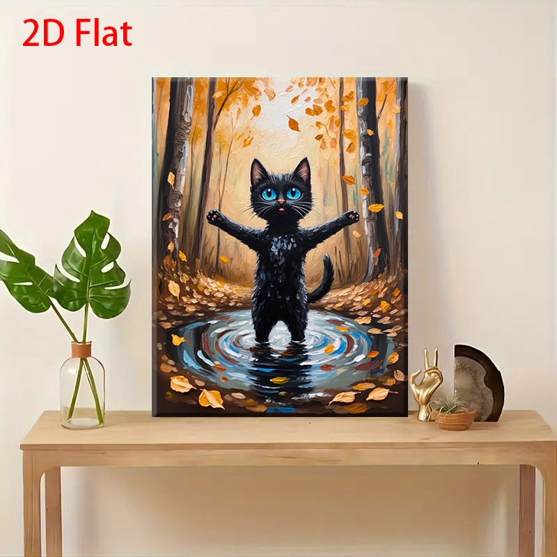 2D Flat Black Cat in Autumn Forest Water Painting - Cute Kitten with ...