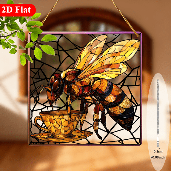 2D Flat, Bohemian Stained--Style Butterfly Flower Suncatcher - 8x8 Inch ...