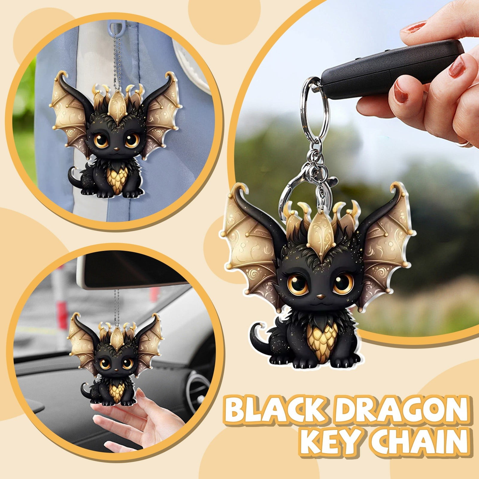 2D Flat Cartoon Black Dragon Acrylic Car Pendant, Rearview Mirror ...