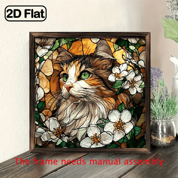 2D Flat, Cat-Themed Acrylic Light Catcher Wall Art - Vibrant Floral ...