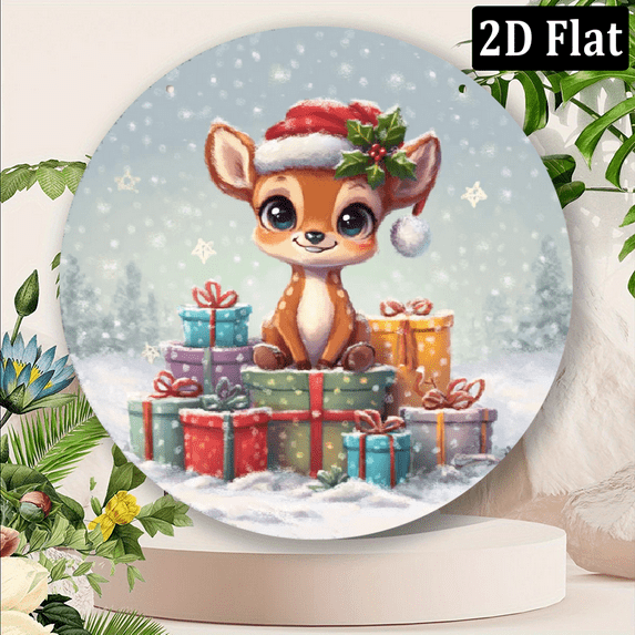 2D Flat, Charming 8x8in Round Metal Christmas Deer Sign - Perfect for ...