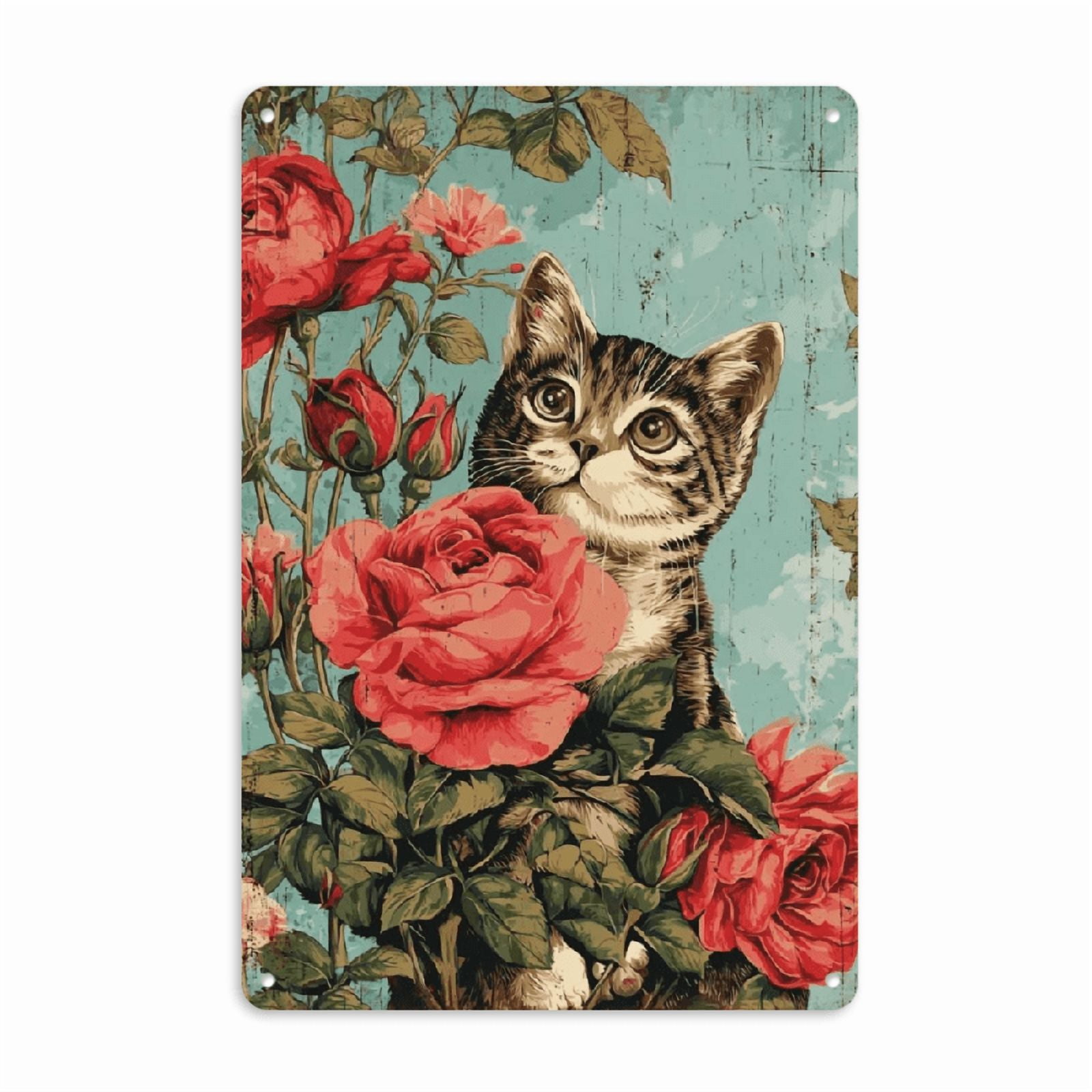 2D Flat Charming Cat Flower Vintage Metal Tin Sign Perfect for Home ...