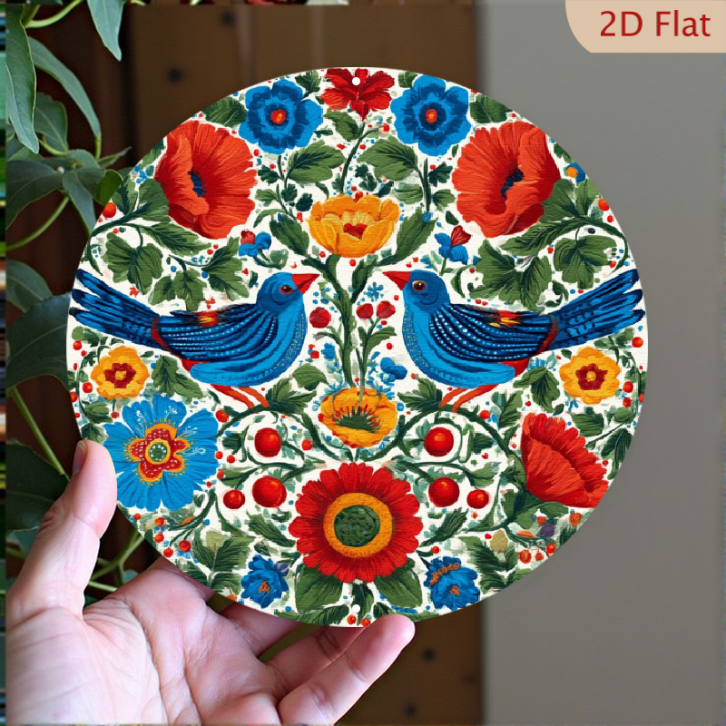 2D Flat Charming Folk Art Bird 8x8 Round Aluminum Sign - Vintage Wall ...