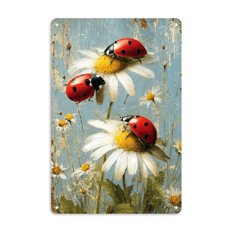 2D Flat, Charming Ladybug on Daisy Metal Wall Sign 8x12 Rustic Wrought ...
