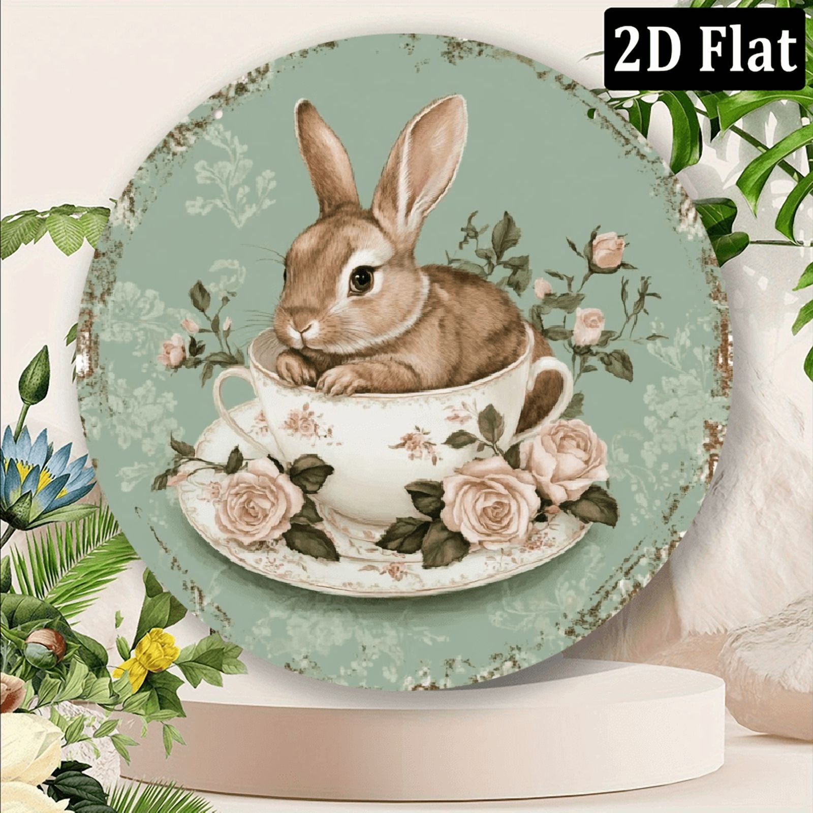 2D Flat Charming Rabbit and Tea Cup Vintage Iron Wall Art - 8x8 inch ...