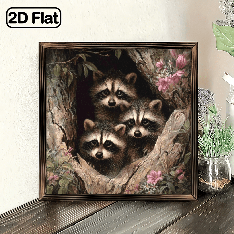 2D Flat, Charming Raccoon And Floral Vintage Wooden Wall Art - a ...
