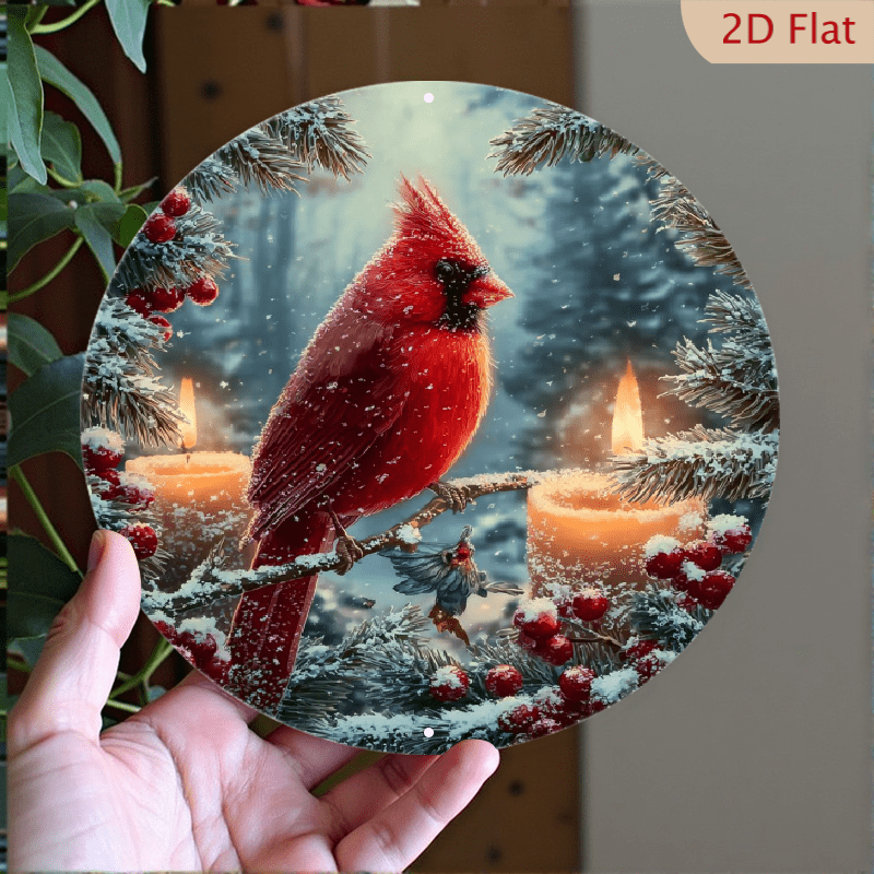 2D Flat Christmas Cardinal Bird 78 Round Metal Wall Art - Durable Iron ...