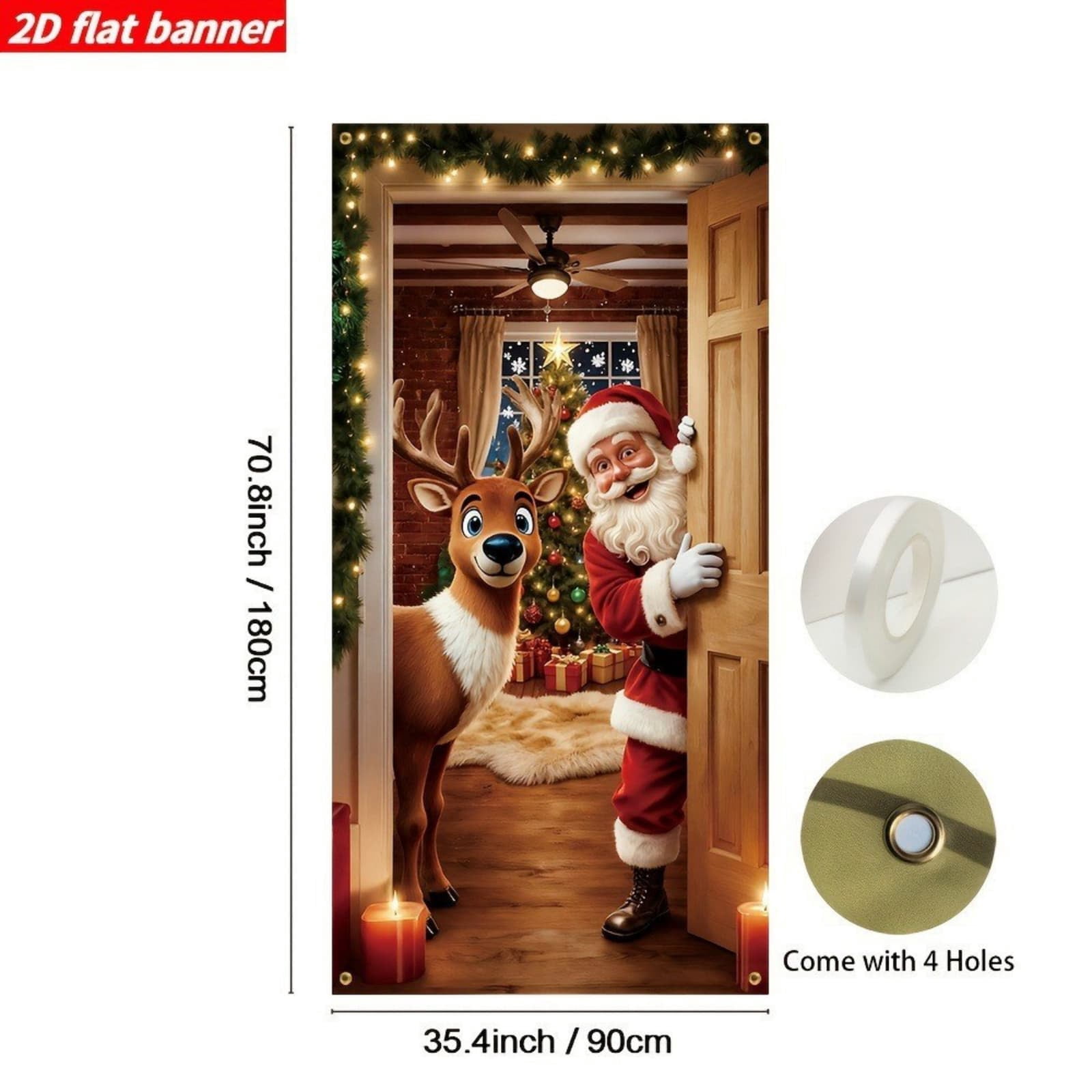 2D Flat Christmas Door Banner with Santa & Reindeer Printed Design for ...