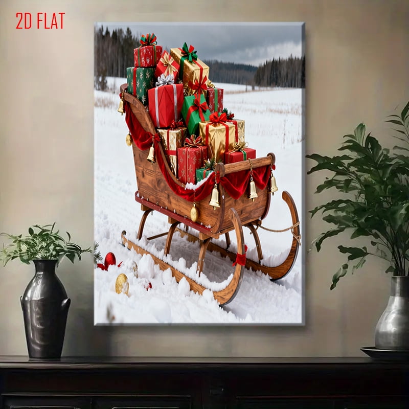 2D Flat Christmas Sleigh Wall Art - Wooden Sleigh Full of Gifts with ...