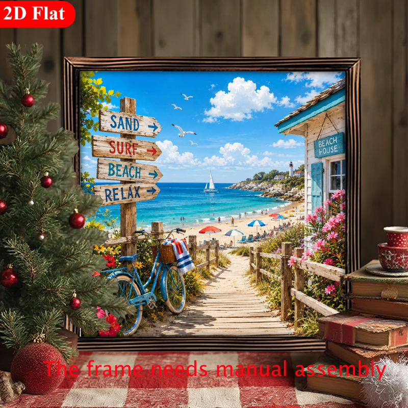 2D Flat, Coastal Beach Wood Framed Wall Art, Rustic Summer Ocean ...