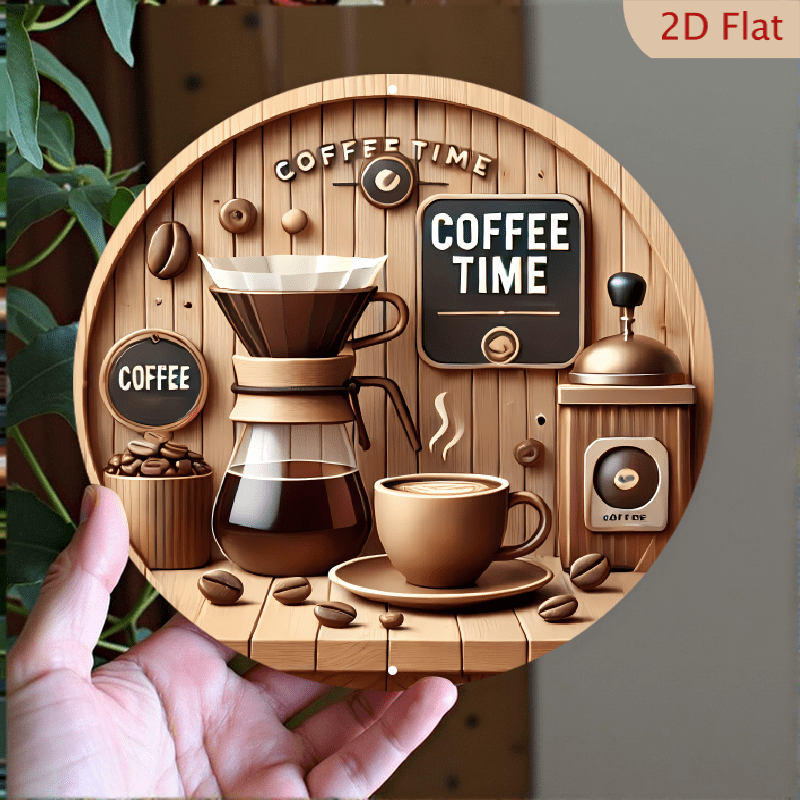 2D Flat, Coffee Time Imitation Wooden Kitchen Decor, 8" Round Aluminum ...