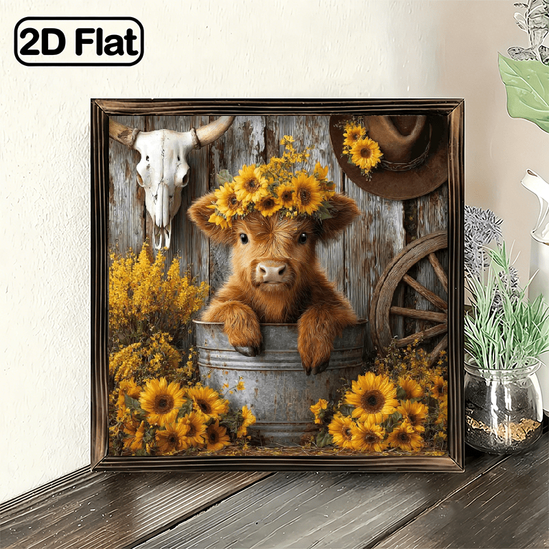 2D Flat, Cute Highland Cow with Sunflower Wreath Wall Art Decor, d ...