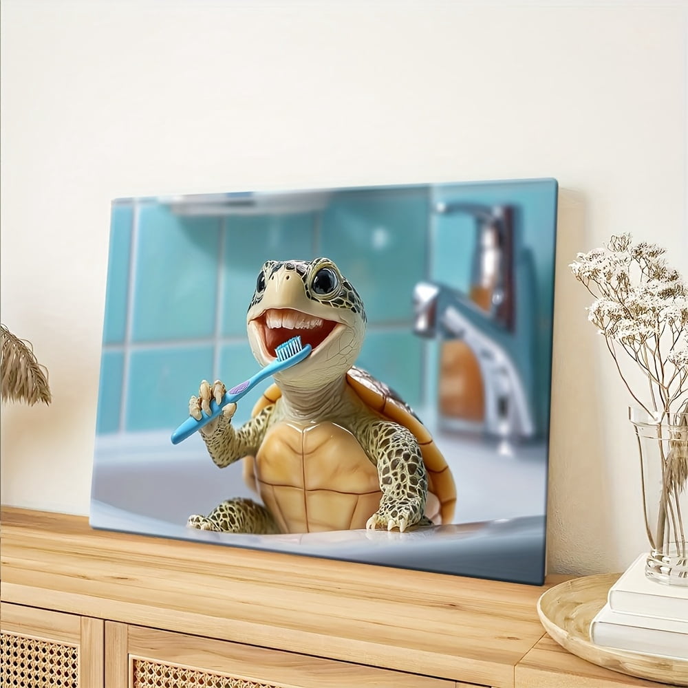 2D Flat, Cute Turtle Brushing Teeth Wall - Wooden Framed Painting ...