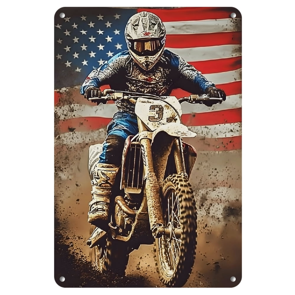 [2D Flat]Dirt Bike Racing Motocross Racing American Flag Sign Metal Tin ...