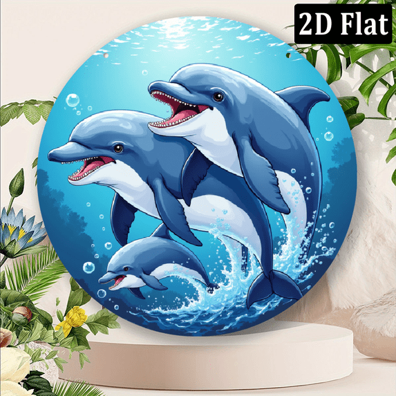 2D Flat, Dolphin Metal Wall Art, 8x8 Inch Round Iron Sign, Charming ...