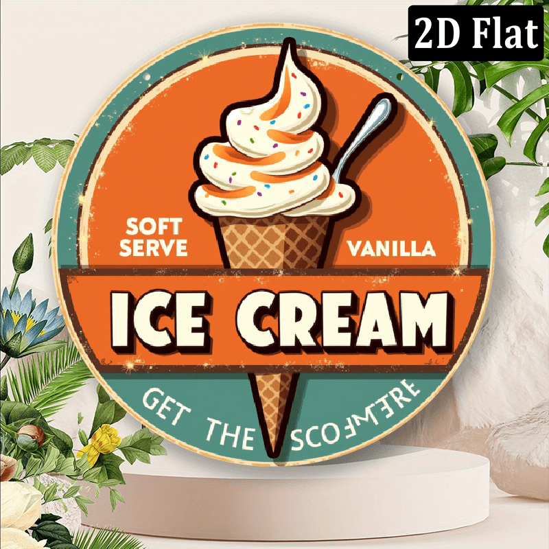 2D Flat, Durable Build Vintage Ice Cream Metal Sign - 8x8 Inch Round ...