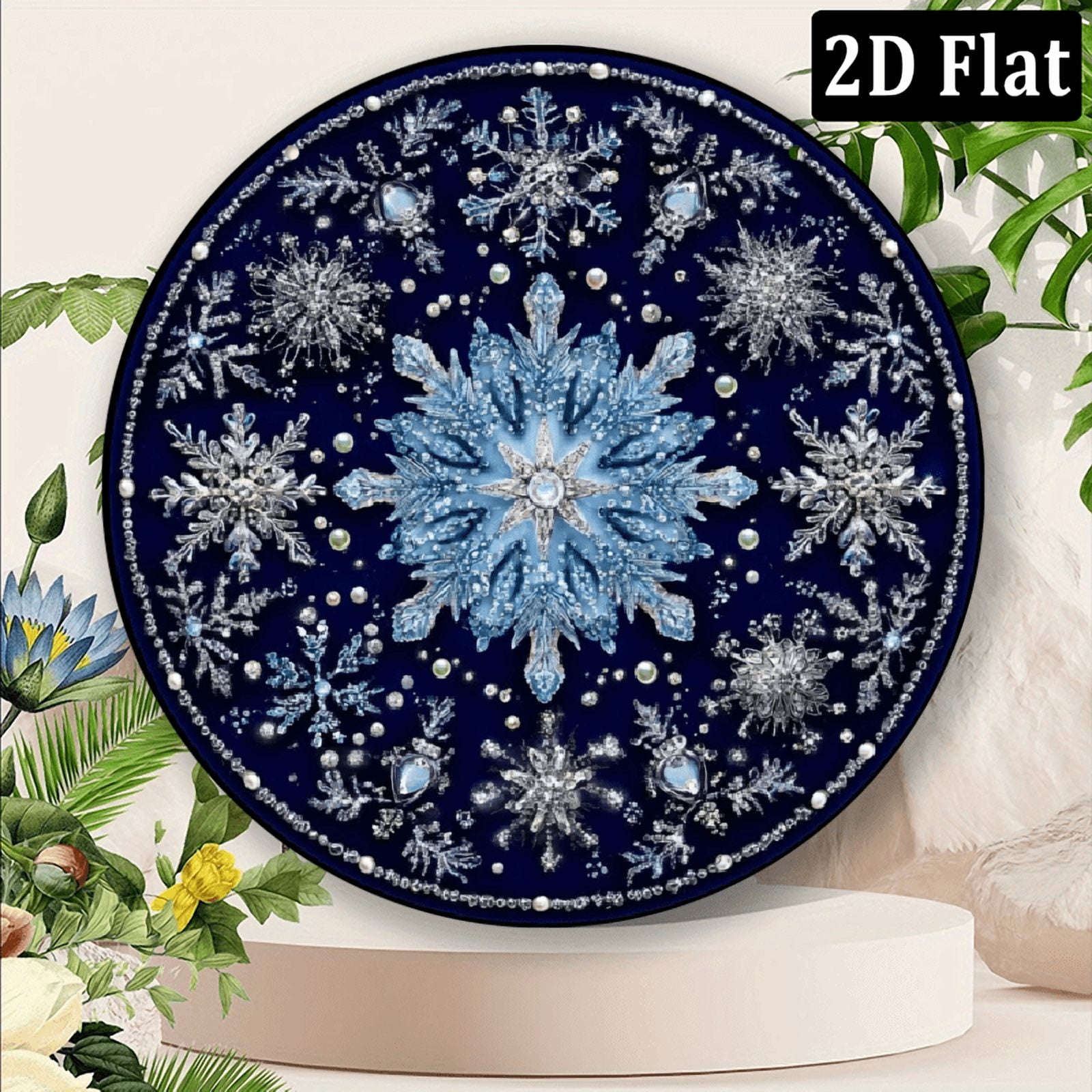 2D Flat Elegant 8x8inch Round Snowflake Wreath Sign - Blue White on ...